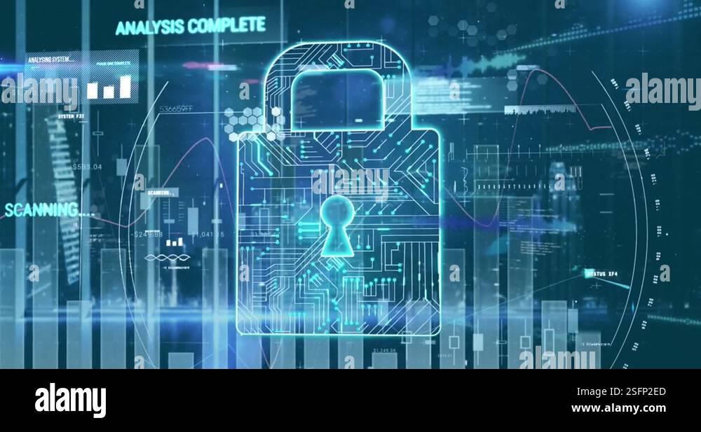 Animation of glowing motherboard forming shield symbol over processing ...