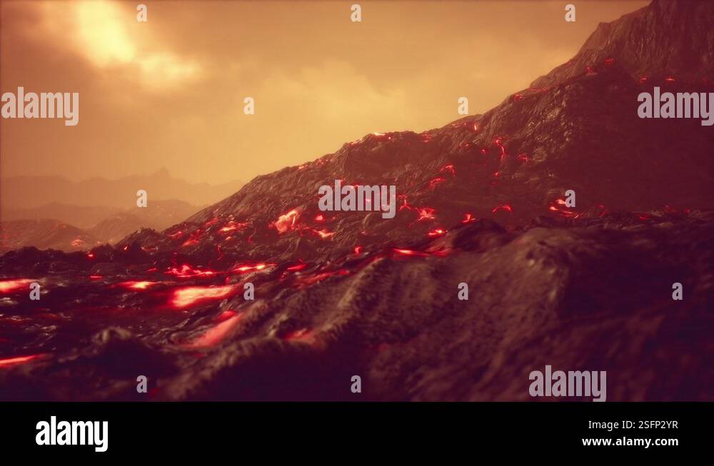 volcanic eruption with fresh hot lava flames and gases going out from ...