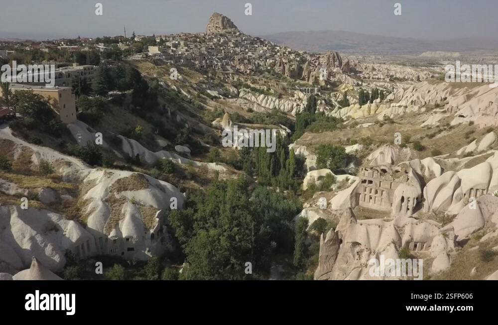Stunning aerial flyover: Narrow Cappadocia valley with unique hoodoos ...