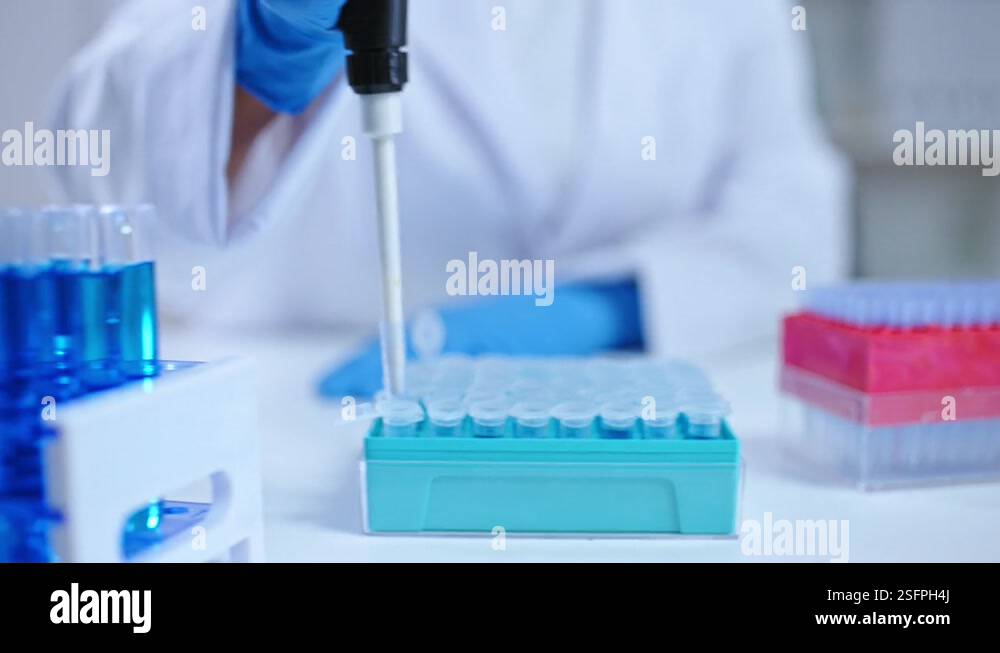Lab technician adding reagent to flasks with water samples conducting ...
