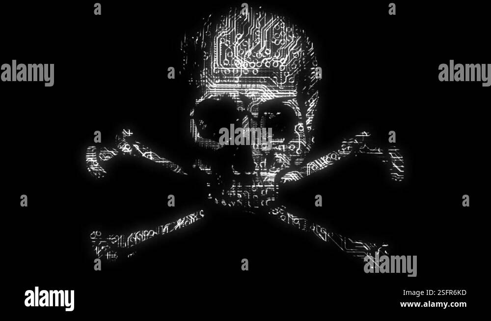 Alarming animated cyber hacking skull and cross bones symbol with ...