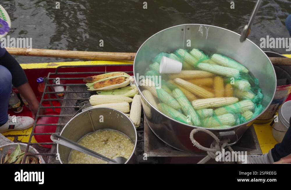 Vendor Boiling Sweet Corn In Large Pot On Boat The Xochimilco Canals In ...