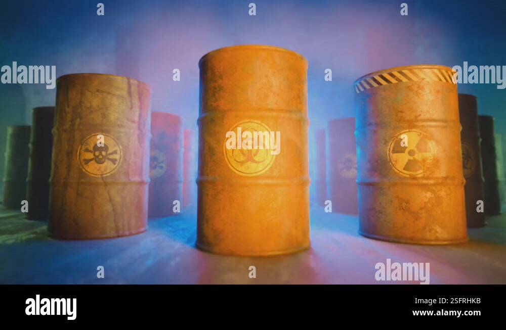 Rusty barrels containing radioactive, toxic and biohazard materials lit ...