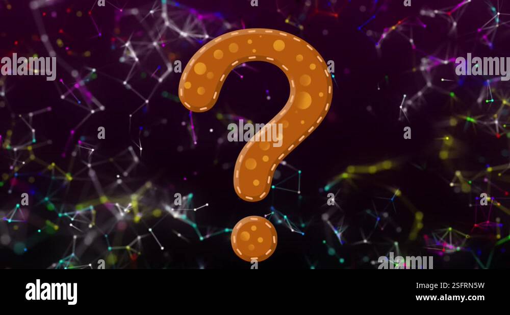 Animation of question mark icon over network of connections on black ...