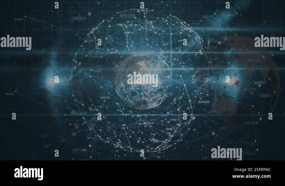 Globe of network of connection spinning and spot of light against blue ...
