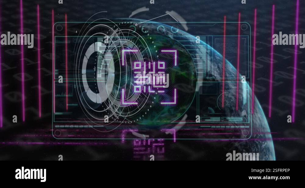 Animation of processing circle and qr code over digital screen with diverse data Stock Video ...