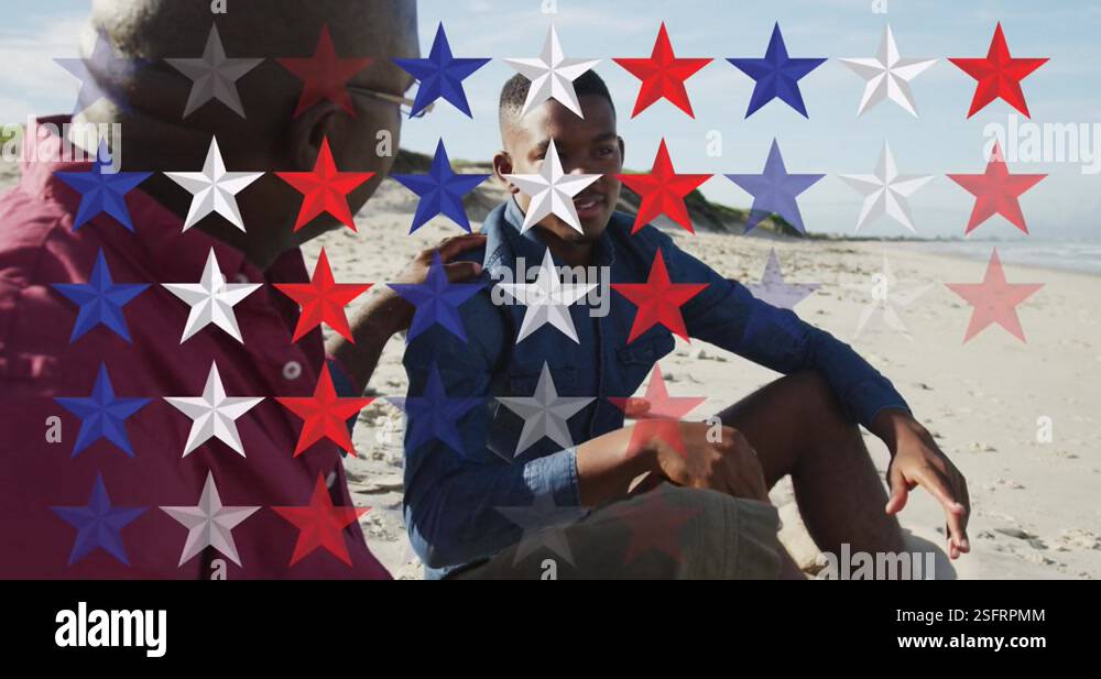 Animation of stars in usa flag colours over african american men ...