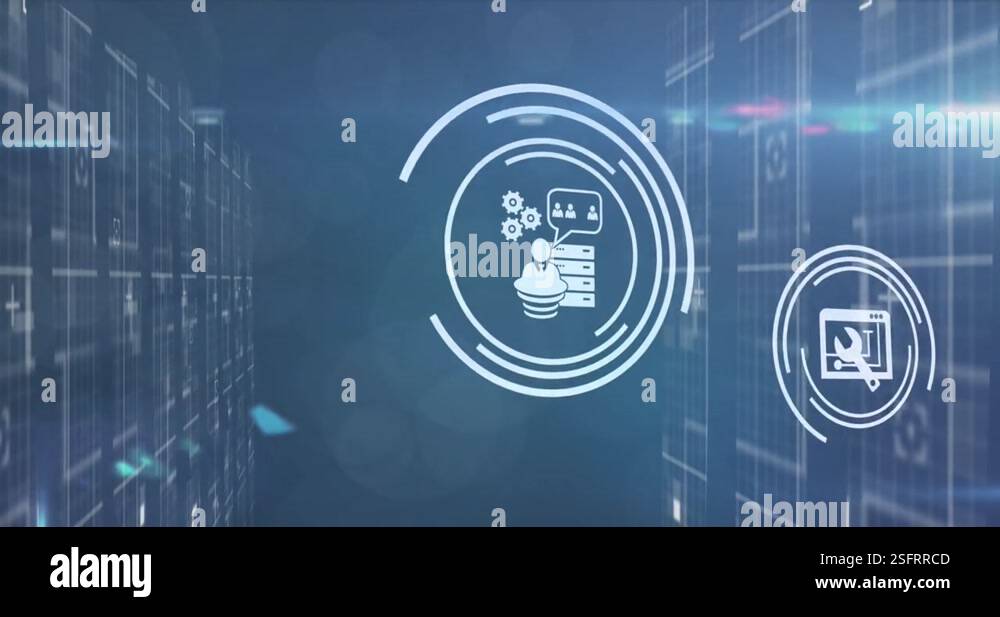 Animation of scope scanning with icons over moving columns on black background Stock Video ...