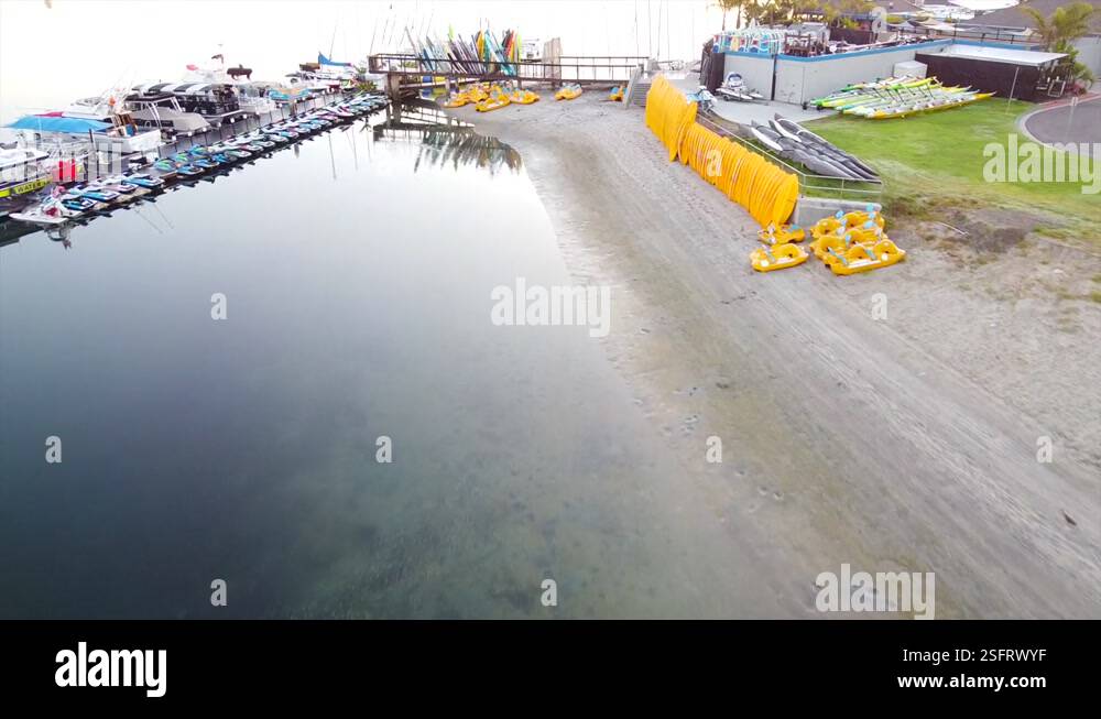 Mission Bay, San Diego, Aerial drone view of sunrise over a marina ...