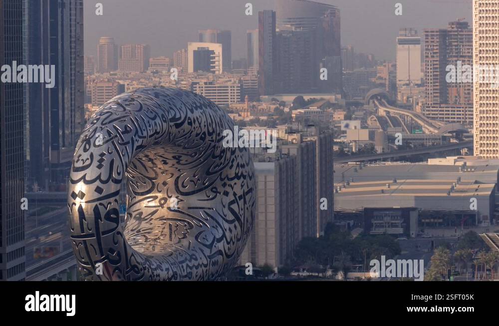 Museum of the Future exhibition space aerial timelapse with iconic ...