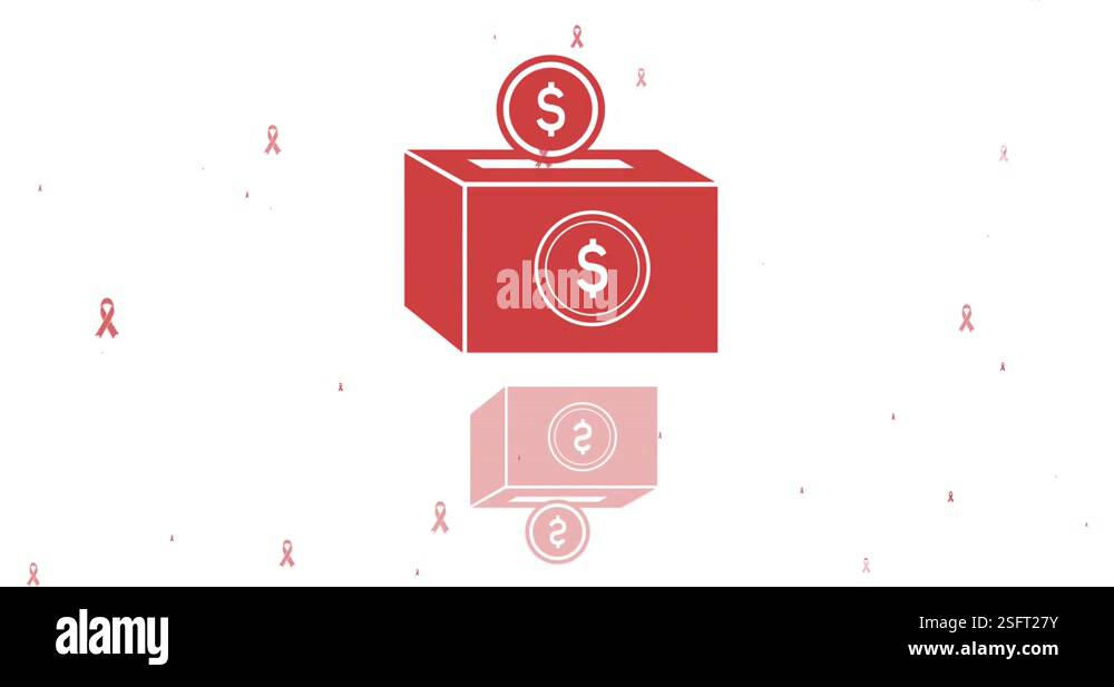 Animation of dollar money box and cancer ribbons icons over white ...