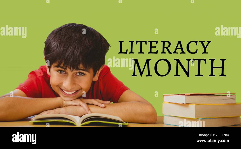 Animation of literacy month text and happy biracial boy over green ...