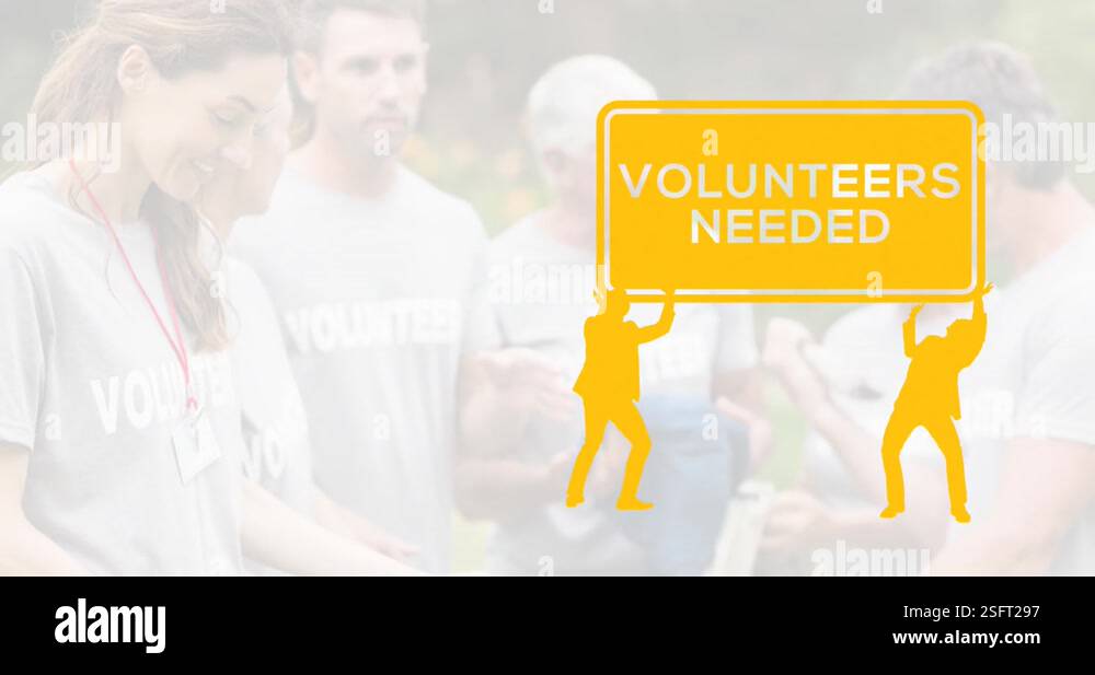Animation of diverse group of volunteers over volunteers needed text ...