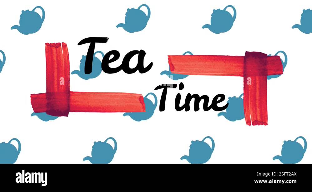 Animation of tea time text with red shapes over teapots on white ...