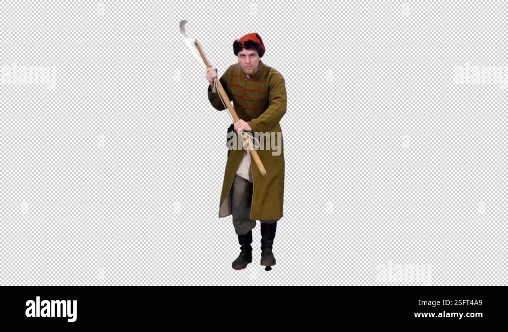 Russian guardsman running on attack with battle ax with long blade ...