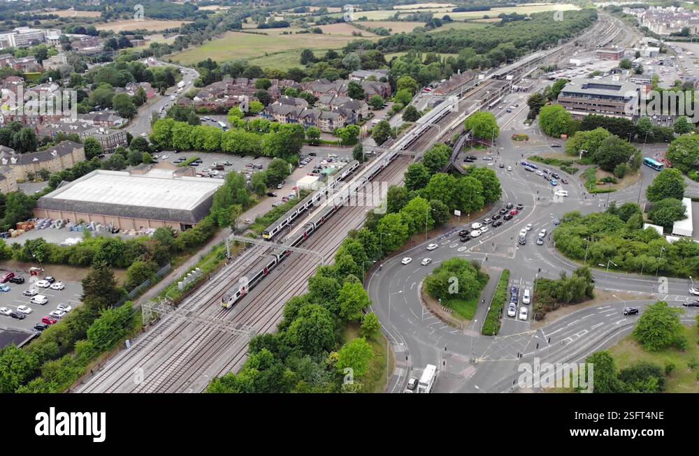 Drone footage of a busy roundabout in Colchester, Essex, UK. 01.07.22 ...