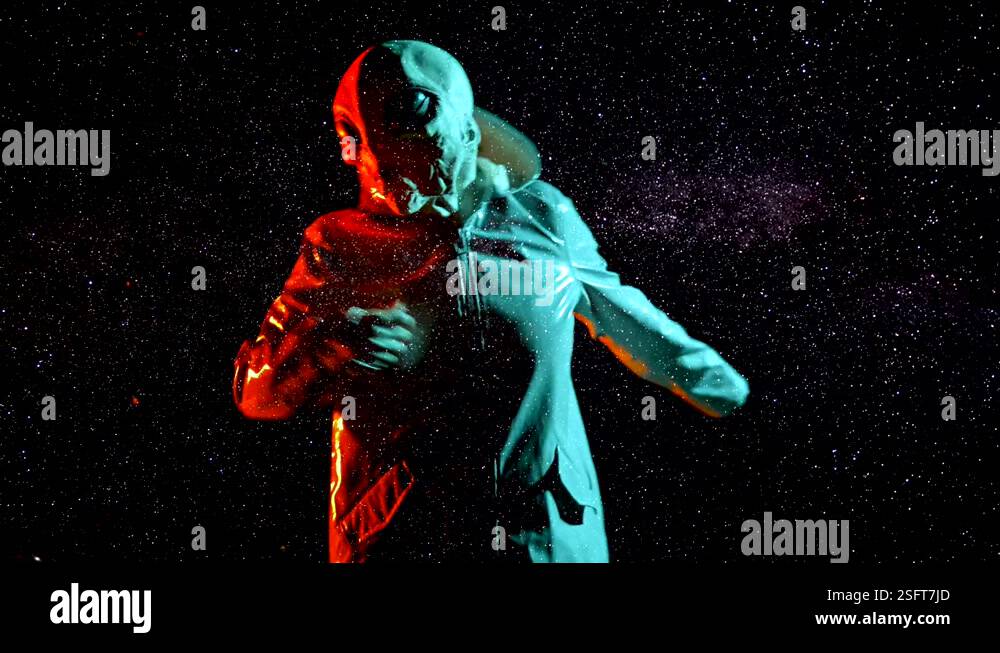 Futuristic alien dancing on stars space, sky backdrop. Funny meme ...