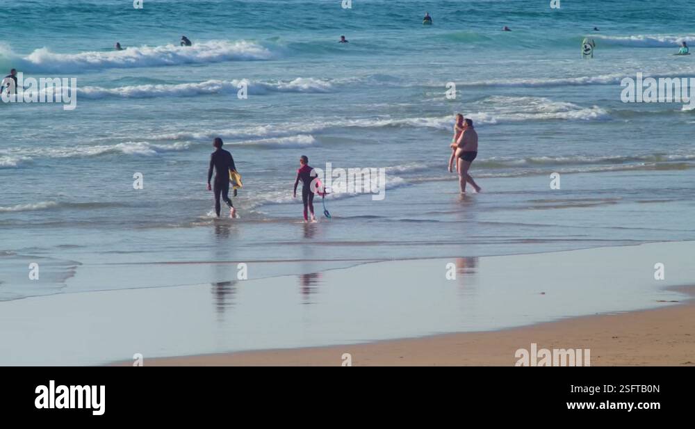 Breaking Waves Of Perranporth Beach With People During Summer In ...