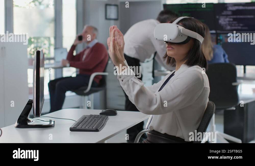 African-American female using futuristic augmented reality software ...