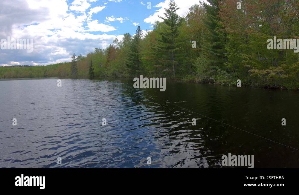 POV while fisherman who is off camera casts a lure into the lake; along ...