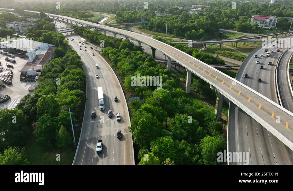 Aerial view of interstate highway system in USA. Traffic on road and ...