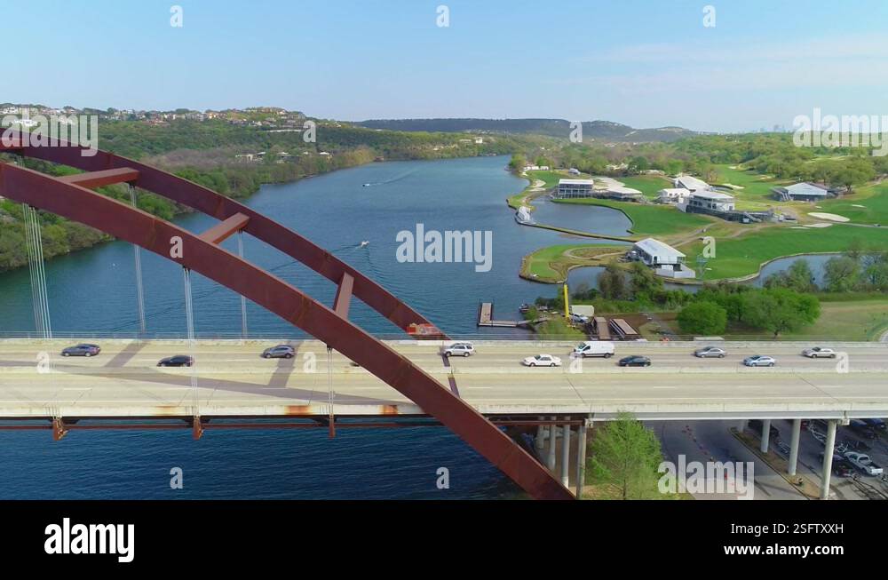 Traffic jam slowly moving across the Pennybacker bridge with a small ...