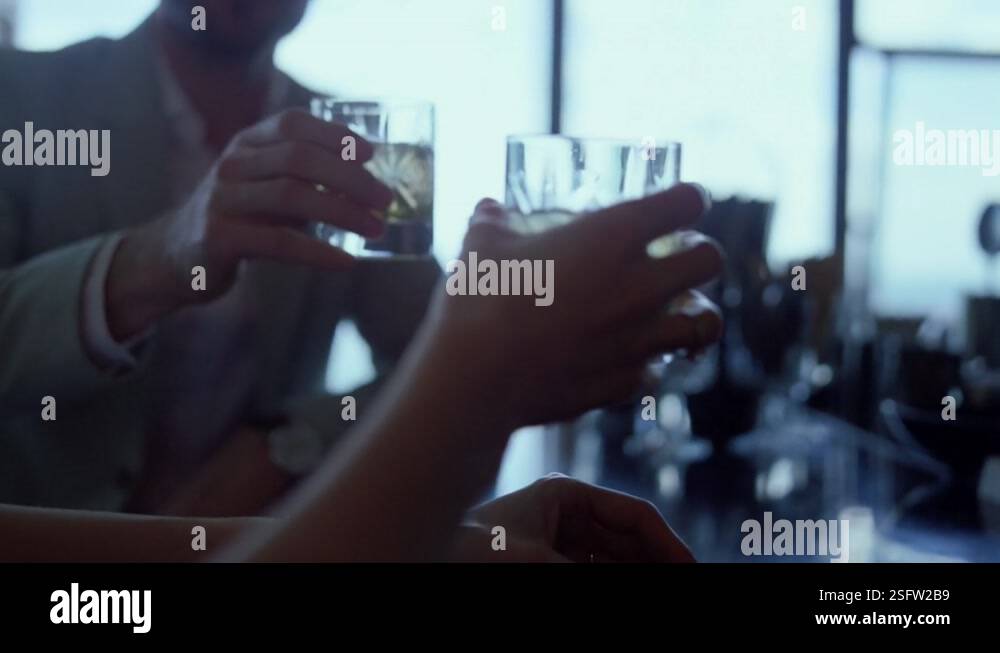 Couple hands clinking glasses restaurant closeup. Two people cheering ...