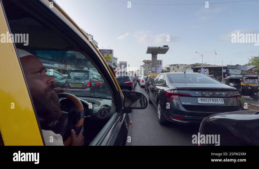 Car Driver Looking Outside Open Window In The Midst Of Traffic Jam And ...