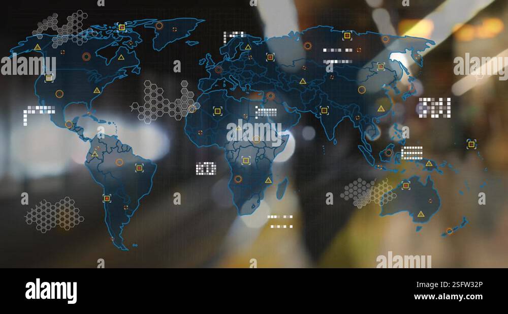 Animation of world map with data processing over underground train ...