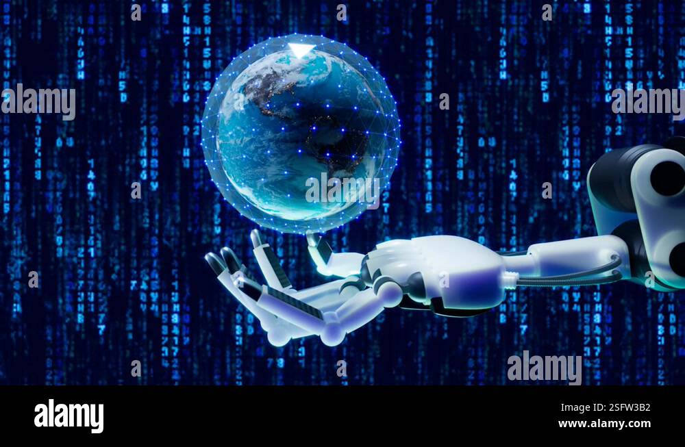 Futuristic concept of cyborg's arm holding glowing 3d model of Earth ...