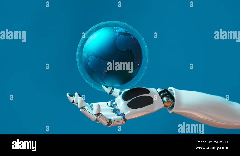 Futuristic concept of cyborg's arm holding glowing 3d model of Earth ...