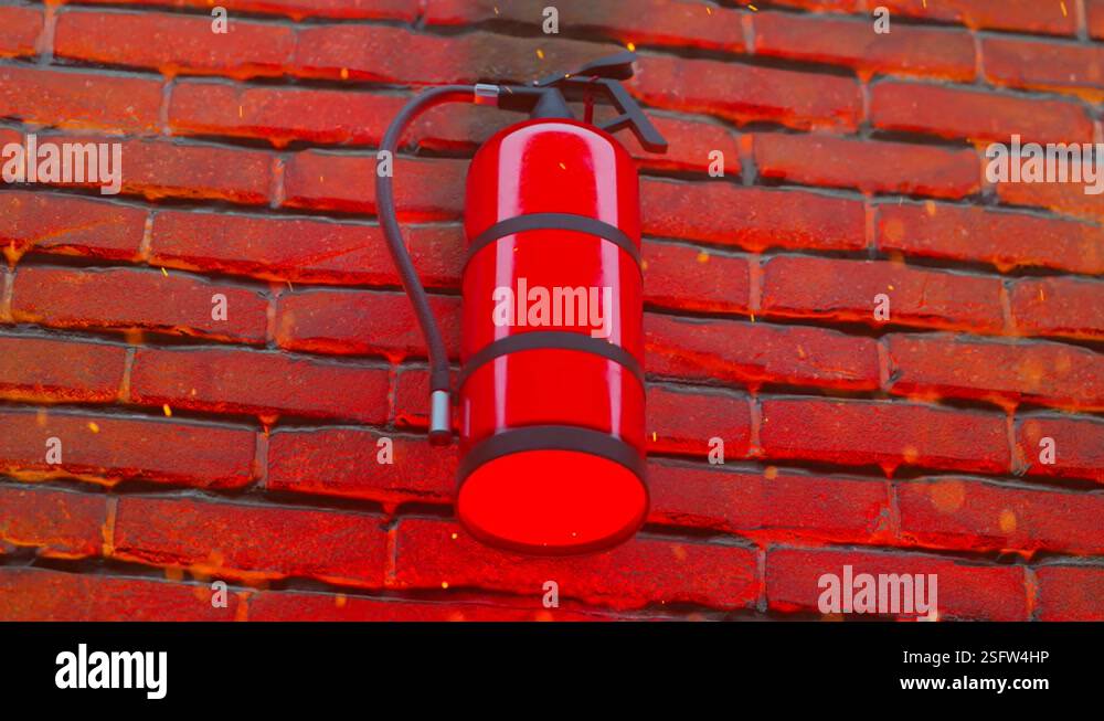 Red fire extinguisher hanging on the wall during fire. Embers flying ...