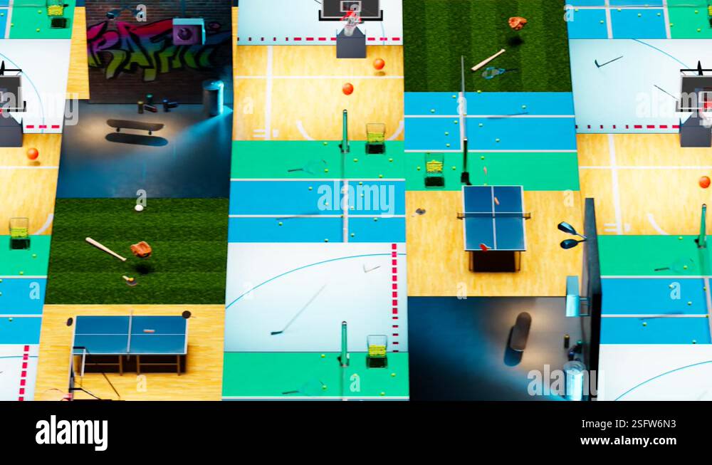 Animation with sports collection. Many competitions with equipment. 3D ...