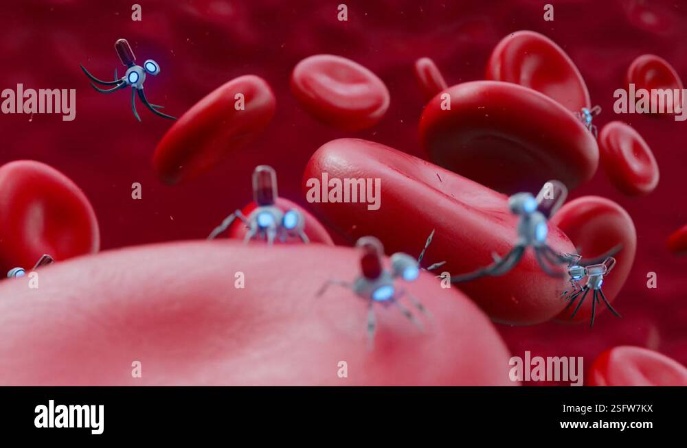Futuristic concept of nanobots repairing human blood cells. CGI ...