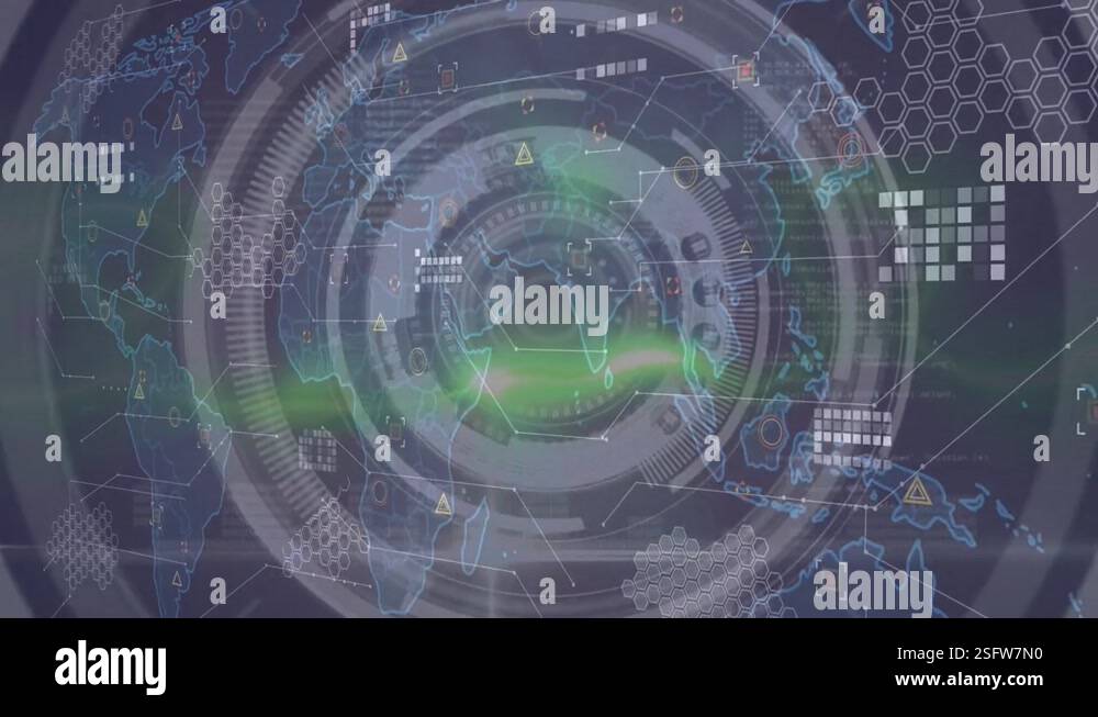 Animation of scope scanning with light trails over data processing and world map Stock Video ...