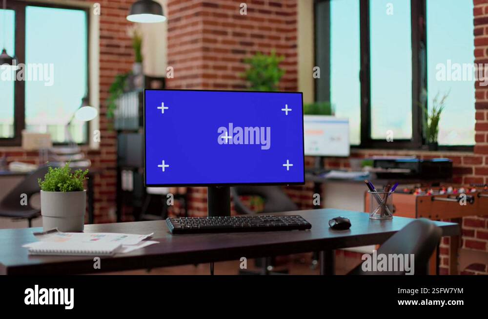 Empty office desk with greenscreen display on computer Stock Video ...