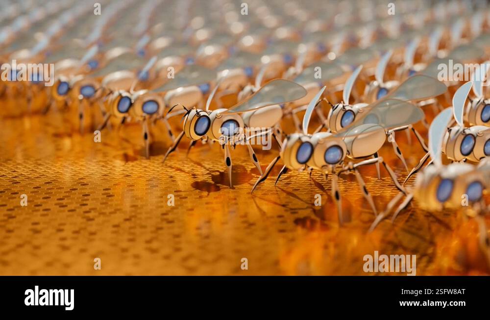 Army of countless small artificial bee robots in a loop ready for ...