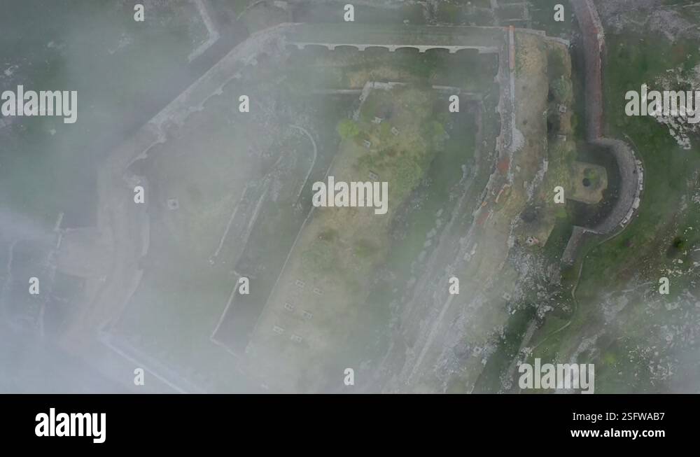 Aerial Top Shot Of Old Fort On Natural Hill, Drone Flying Downward In ...