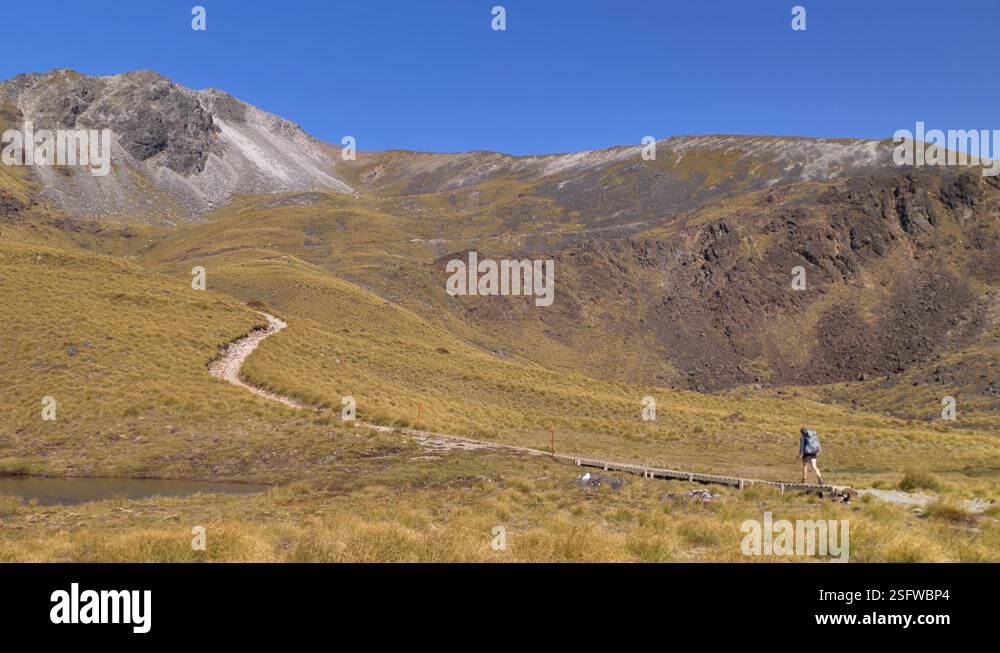 Static, hiker crosses barren mountain landscape, Fiordland, Kepler ...