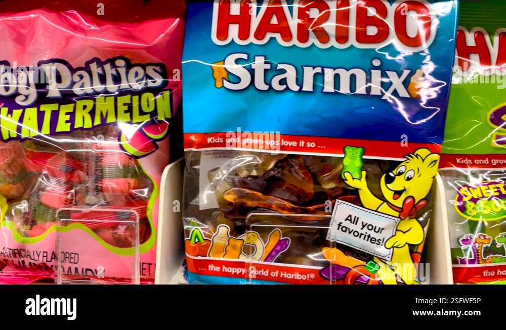 Retail grocery store Haribo Trolli sour candy in the candy section ...