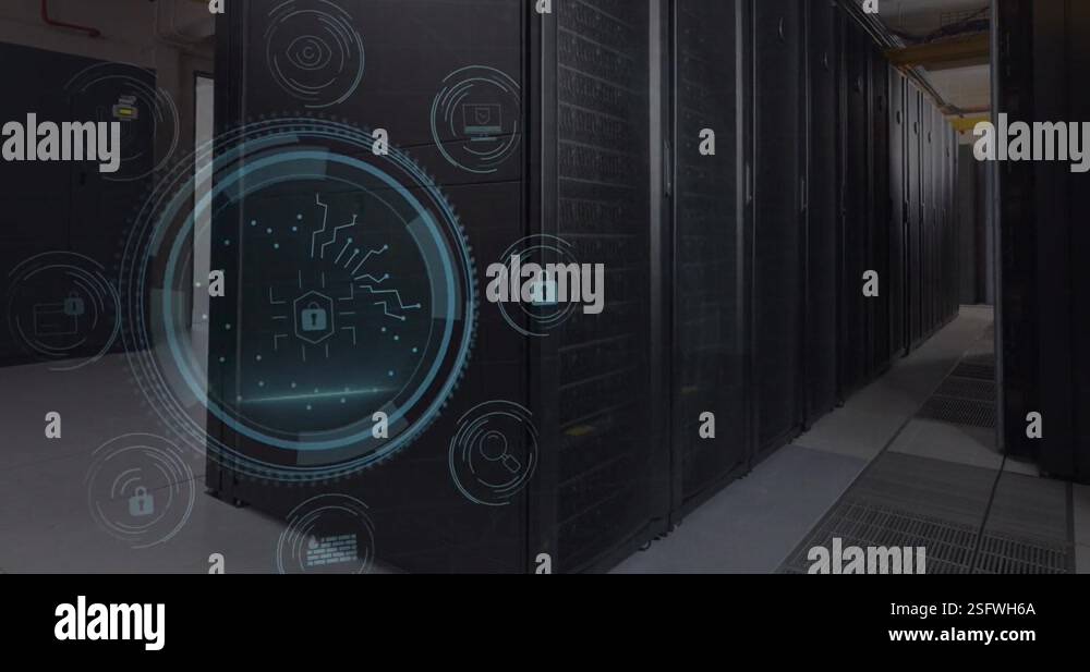 Cyber security text over round scanner against empty computer server ...