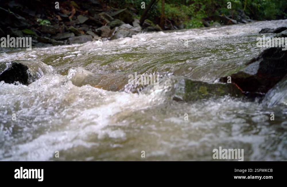 Water splashing over rocks in a flooded creek on a rainy day Stock ...