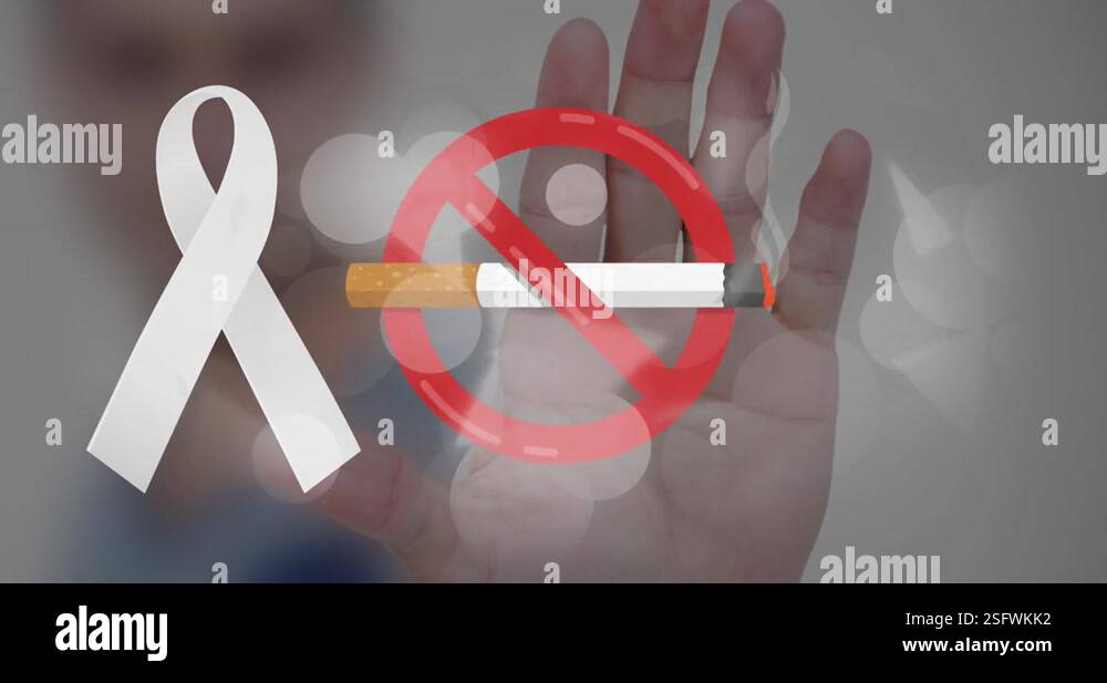 Animation of lit cigarette with no smoking sign and white ribbon over ...