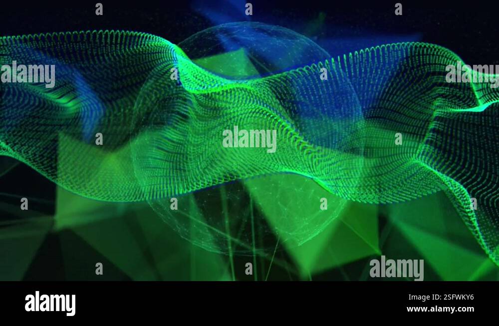 Animation of 3d green mesh structure floating over globe and blue ...