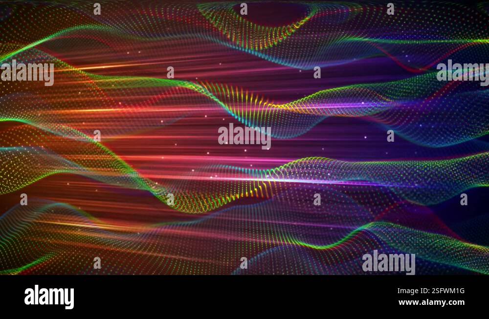 Animation of colourful light beams over 3d mesh spirals floating on ...