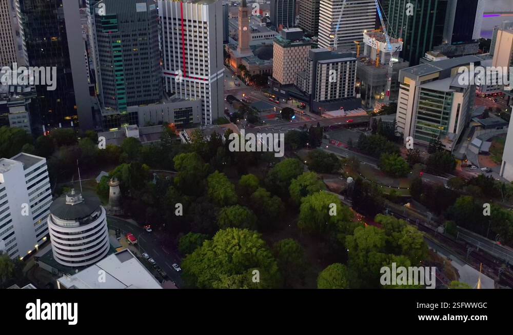 Fly Over Lush Trees On City Park Towards King George Square During ...
