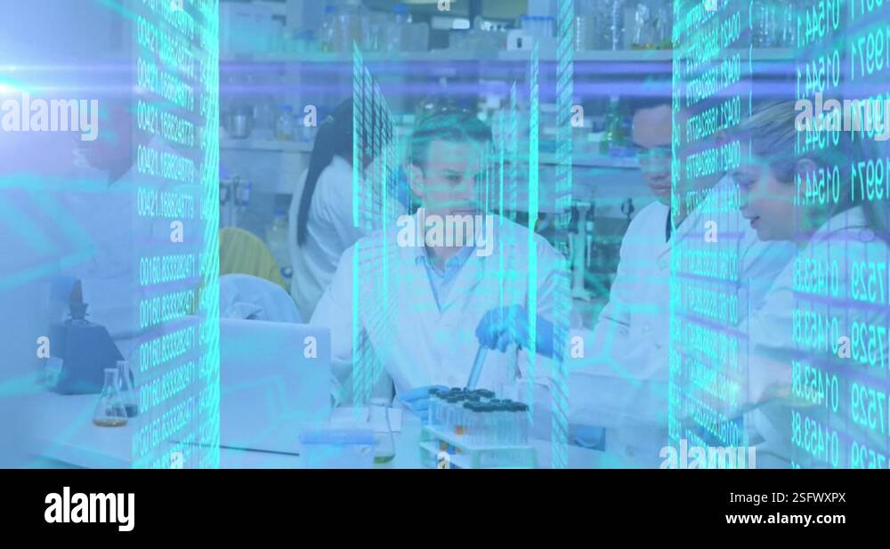 Animation of scientific data processing over diverse female and male lab workers Stock Video ...