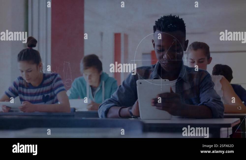 Animation of math formulas over afrcian american teenage boy using ...