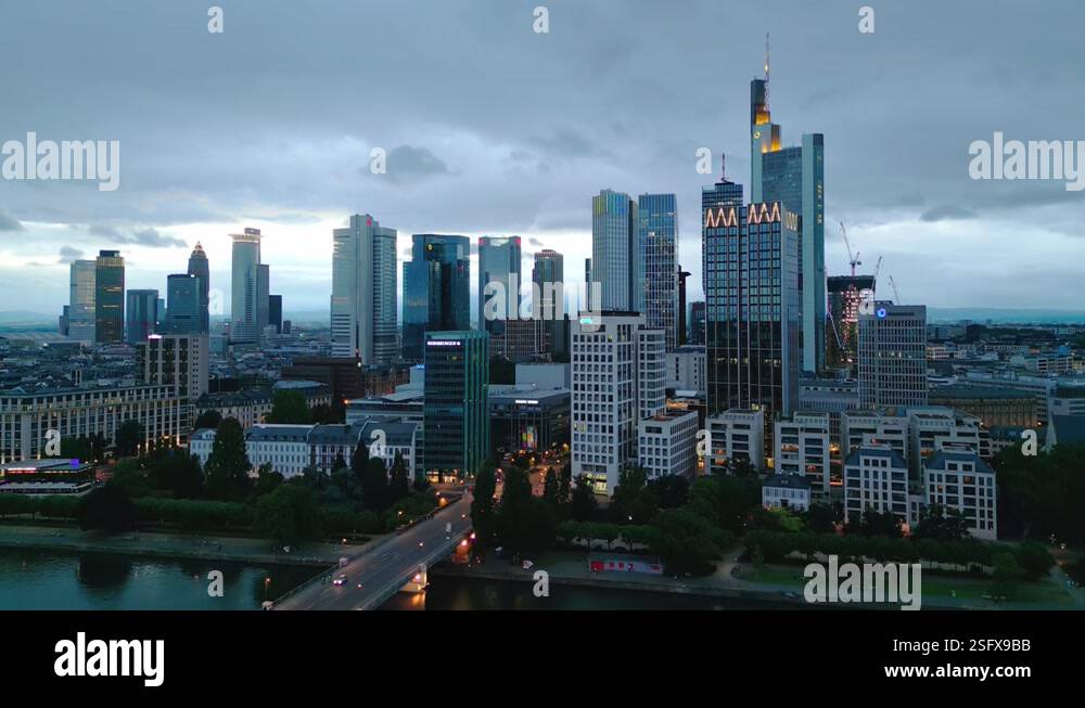 Financial district in Frankfurt Germany - aerial view Stock Video Footage - Alamy