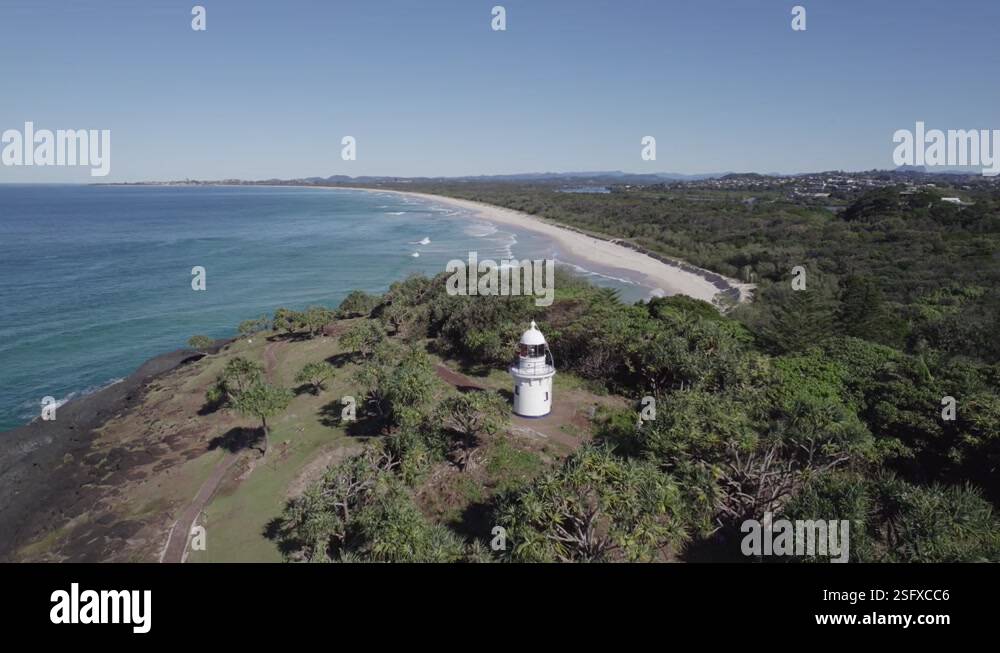Pullback Reveal Of Fingal Head Lighthouse Overlooking Tasman Sea ...
